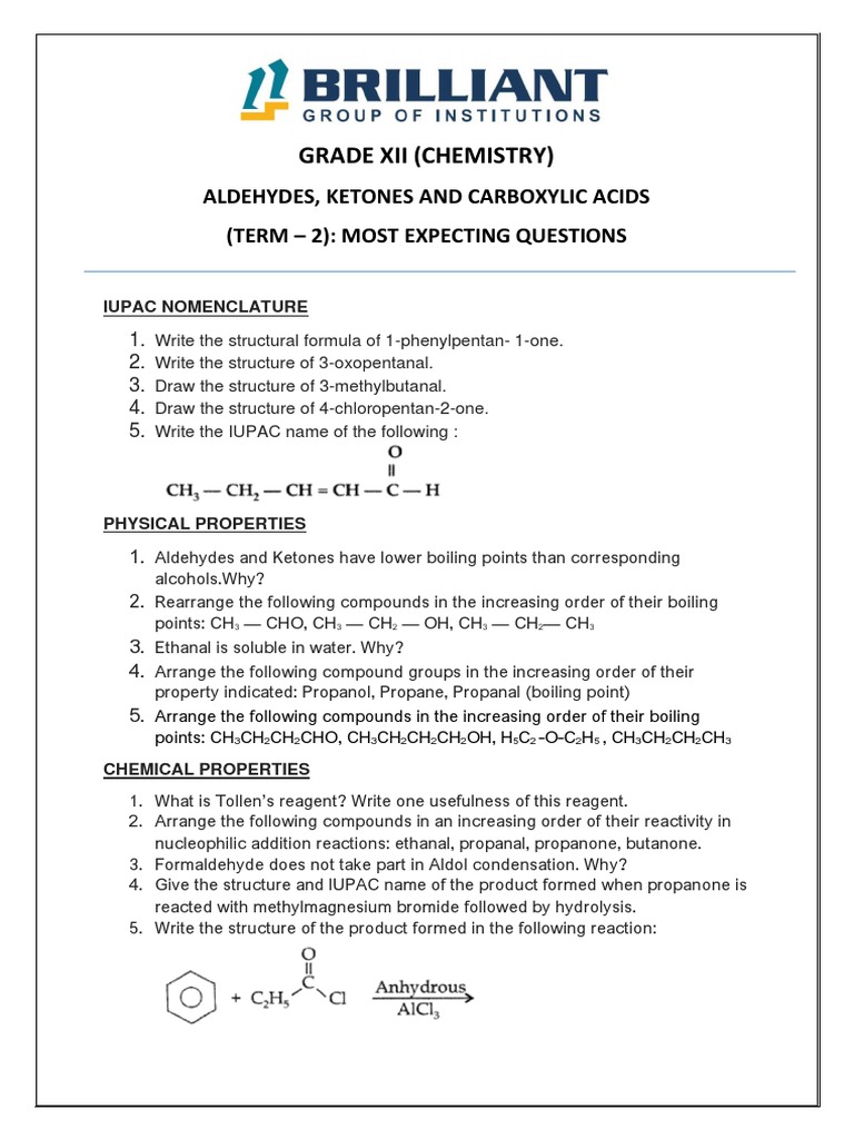 Grade Xii (Chemistry) : Aldehydes, Ketones and Carboxylic Acids (Term ...