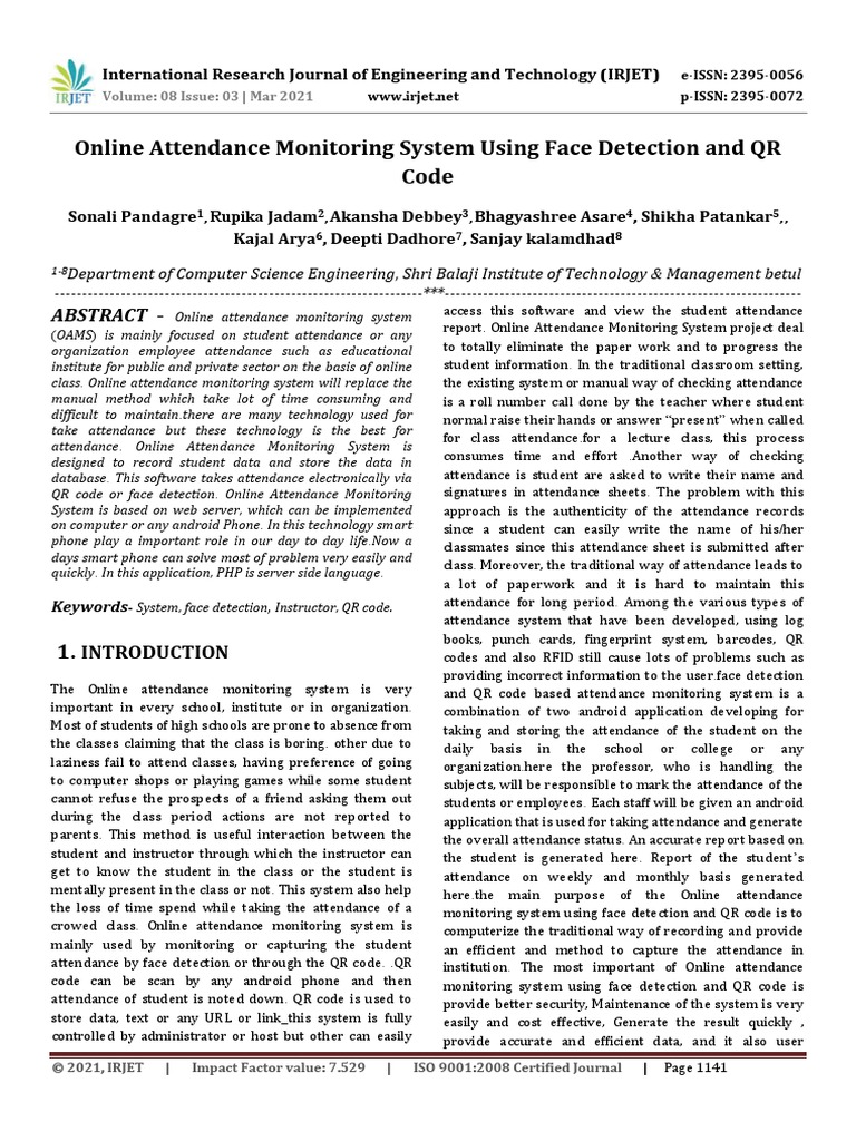 Online Attendance Monitoring System Using Face Detection and QR Code | PDF