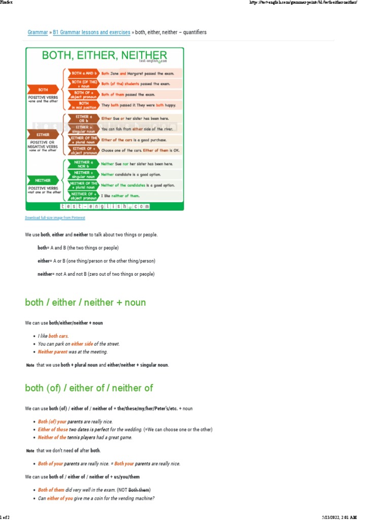 24 Both Either Neither Quantifiers Pdf Grammatical Number Noun