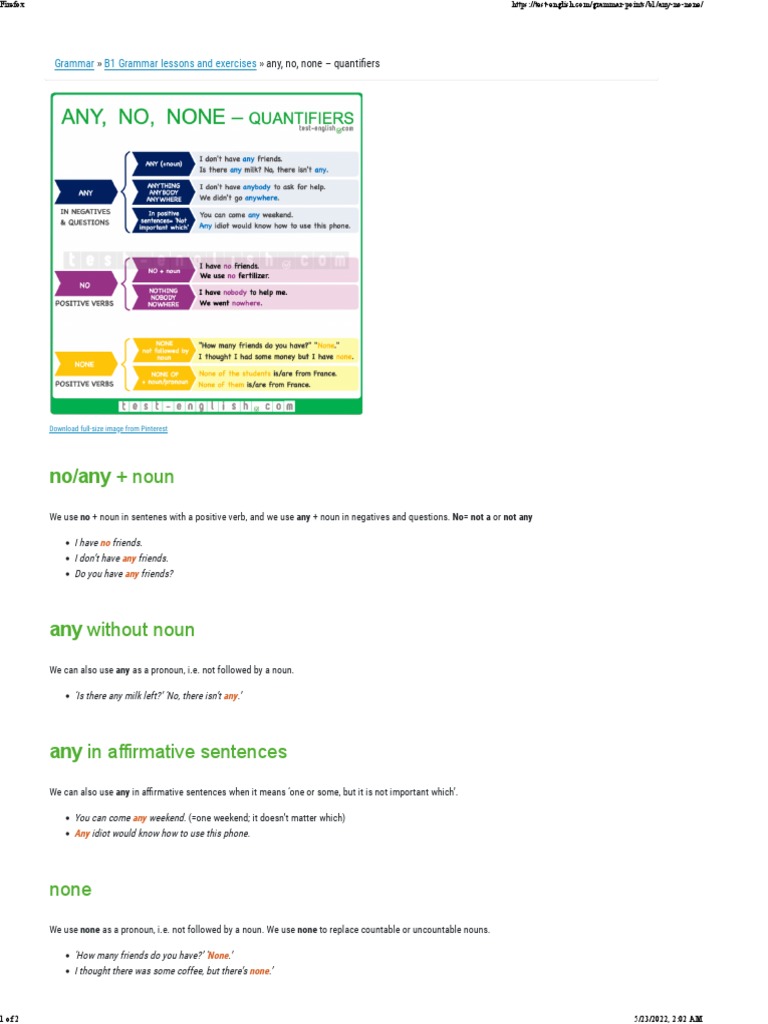 Grammar Guide: No, Any, None | PDF | Noun | Verb