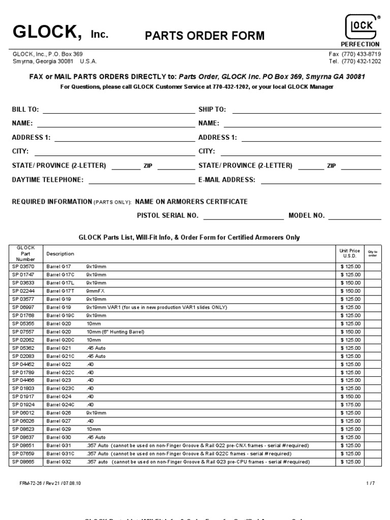 Glock Parts Order Form for Certified Armorers | PDF | Projectiles ...