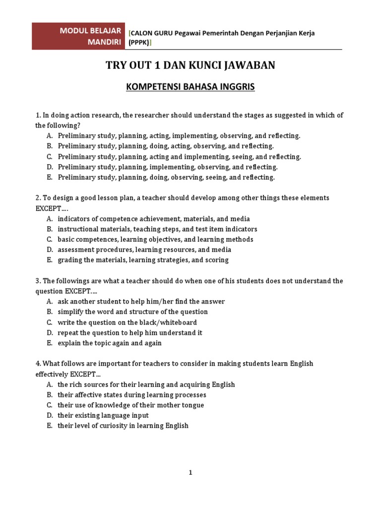 TRY OUT 1 Dan Kunci Jawaban | PDF | Lesson Plan | Reading Comprehension