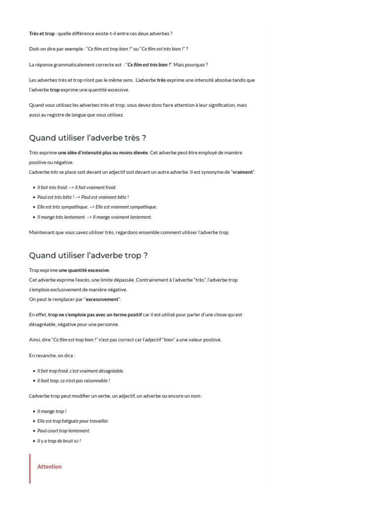 Très Et Trop, Quand Les Utiliser - Parlez-Vous French | PDF | Adverbe ...