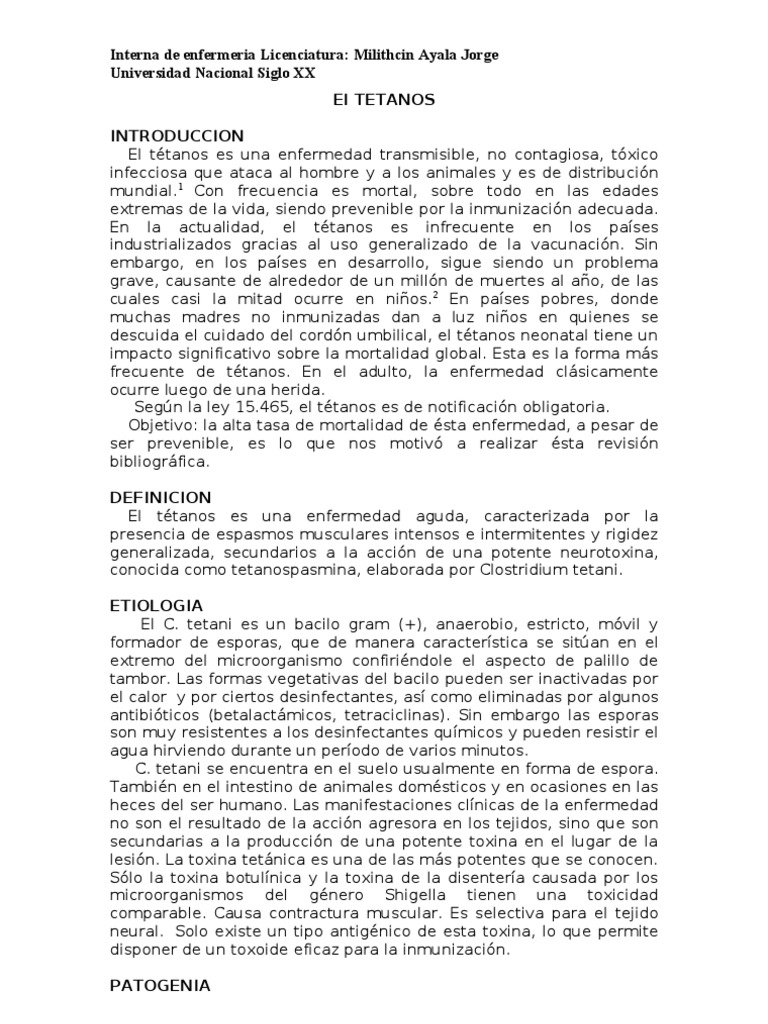 El TETANOS | Descargar gratis PDF | Ciencias de la Salud | Enfermedades y trastornos