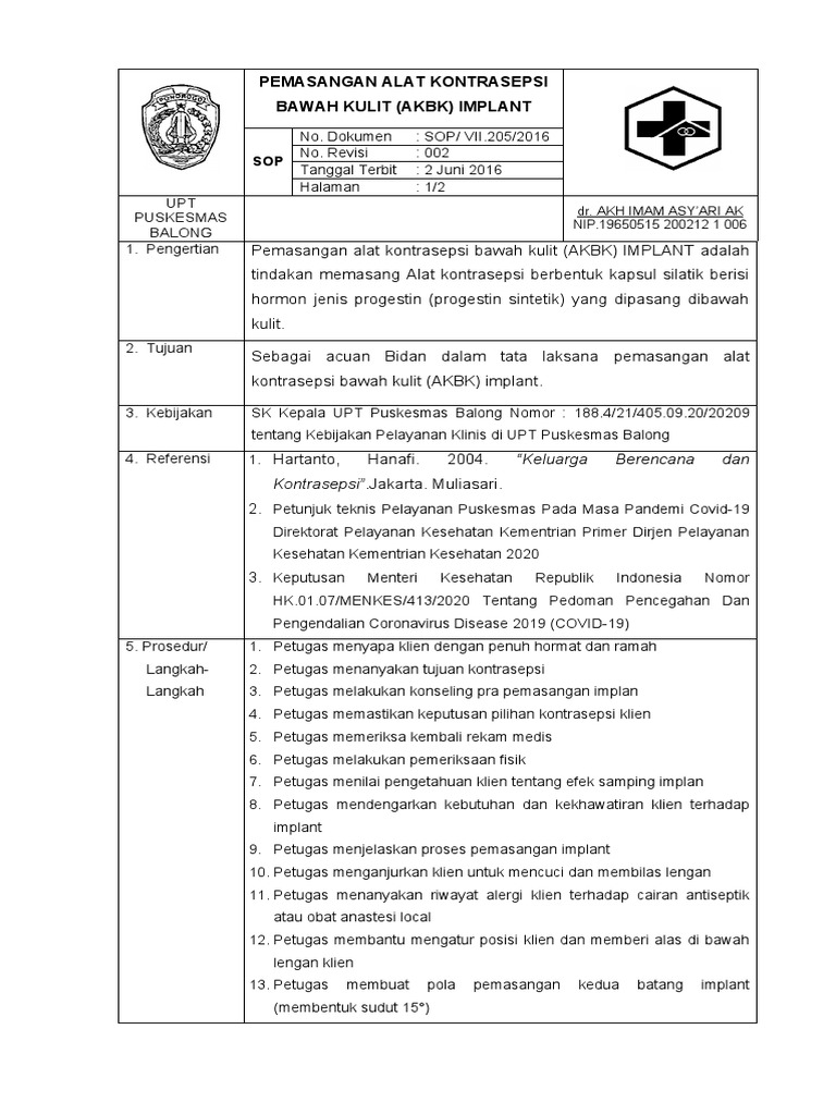Sop Pemasangan KB Implan | PDF