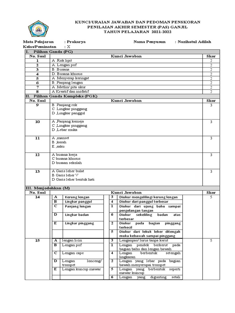 Format Kunci Jawaban Pts-Akm Prakarya | PDF