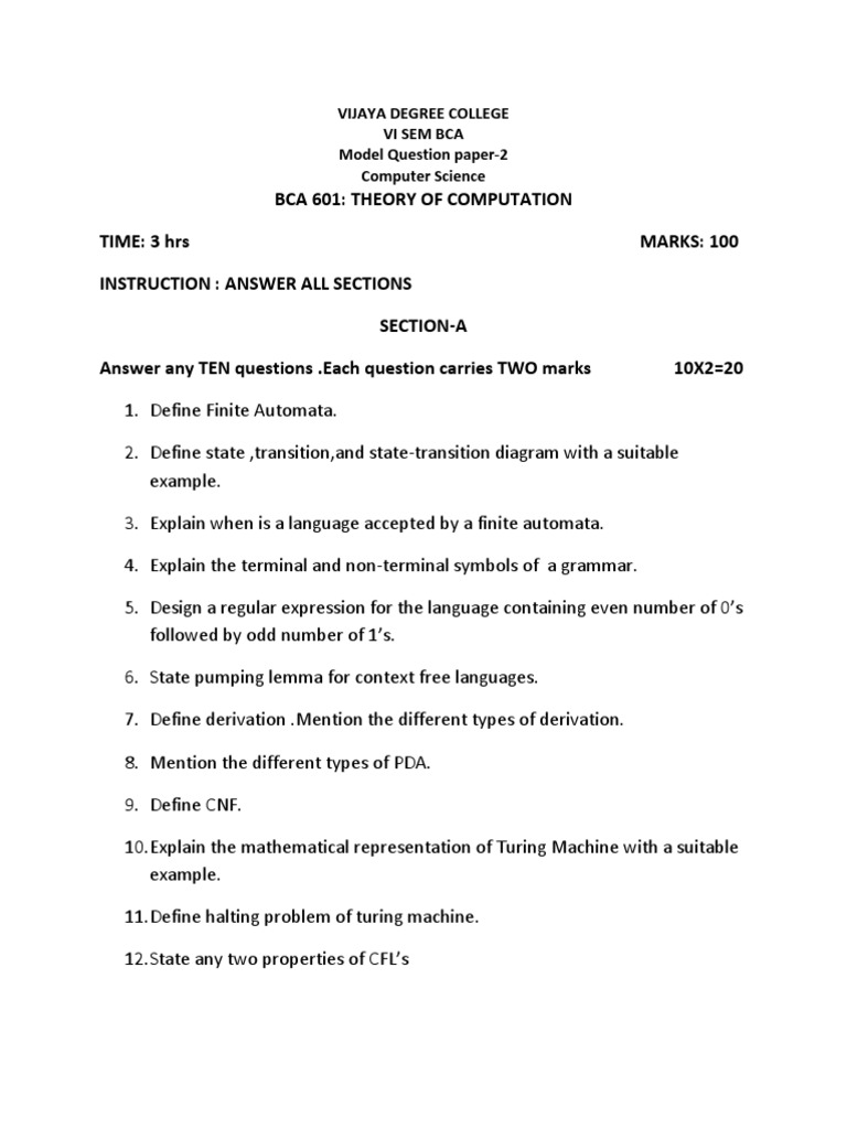 Model Question Paper for Theory of Computation Exam Covering Finite Automata, Context Free ...