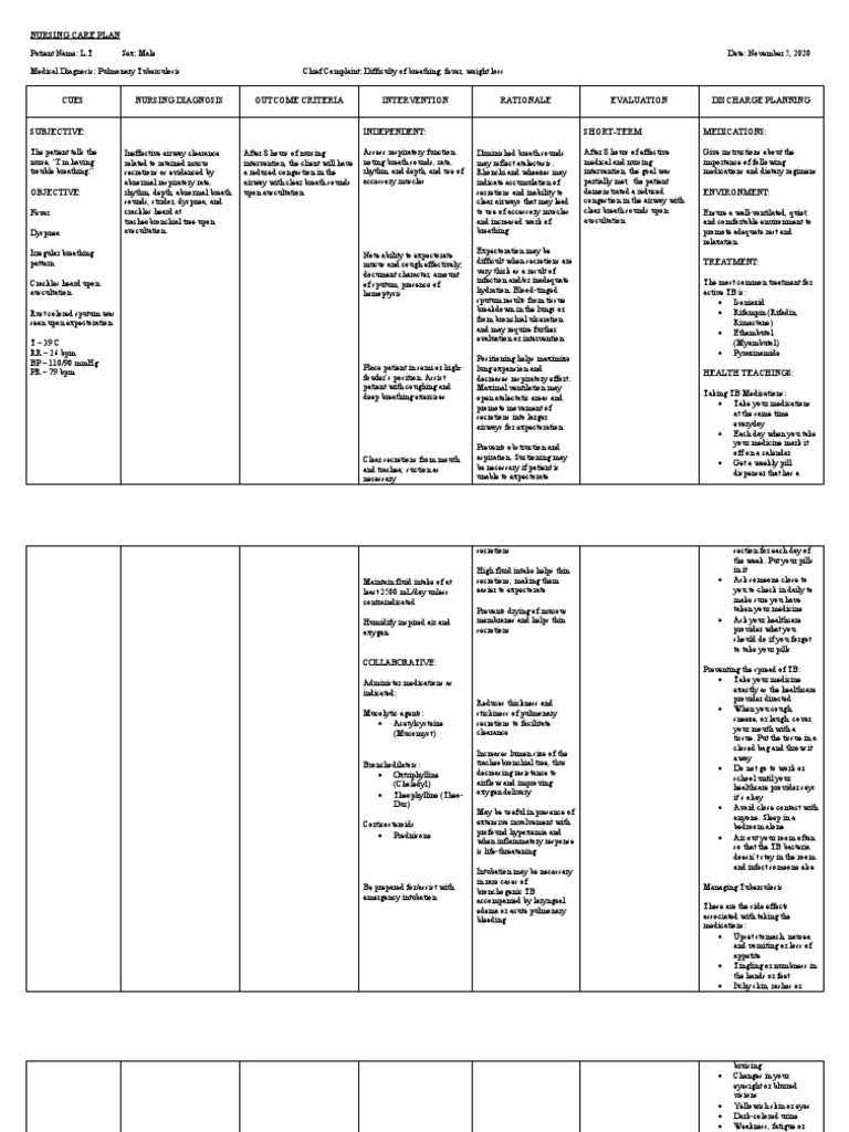 Nursing Care Plan for Tuberculosis | PDF | Tuberculosis | Breathing