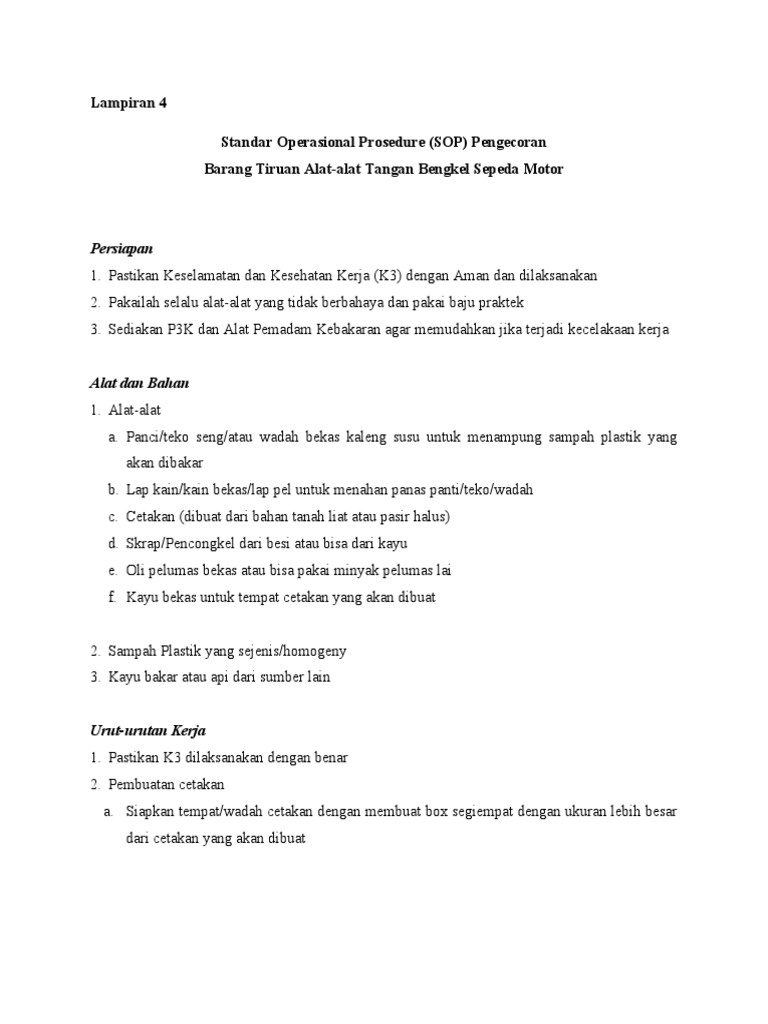 Standar Operasional Prosedure Pengecoran | PDF