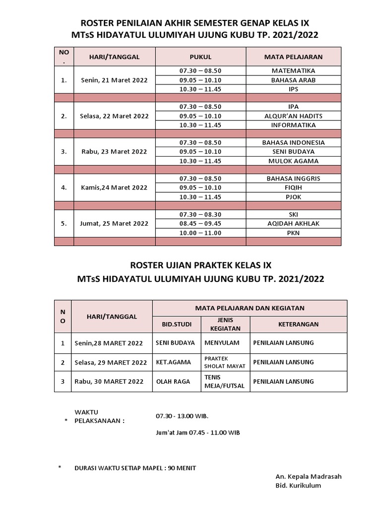 Jadwal Roster Ujian Akhir Semester Genap Dan U.praktik Ix - 2022 | PDF