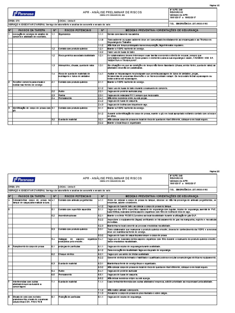 Análise preliminar de riscos para serviço de laboratório de concreto e ...