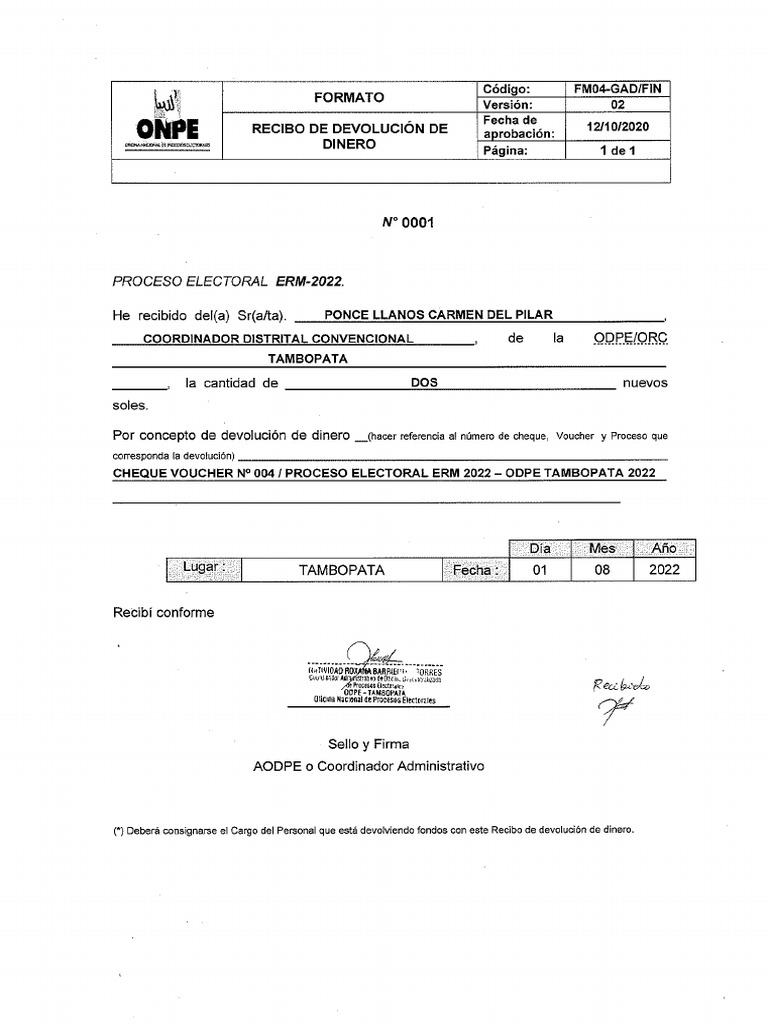 Recibo de Devolucion de Dinero | PDF