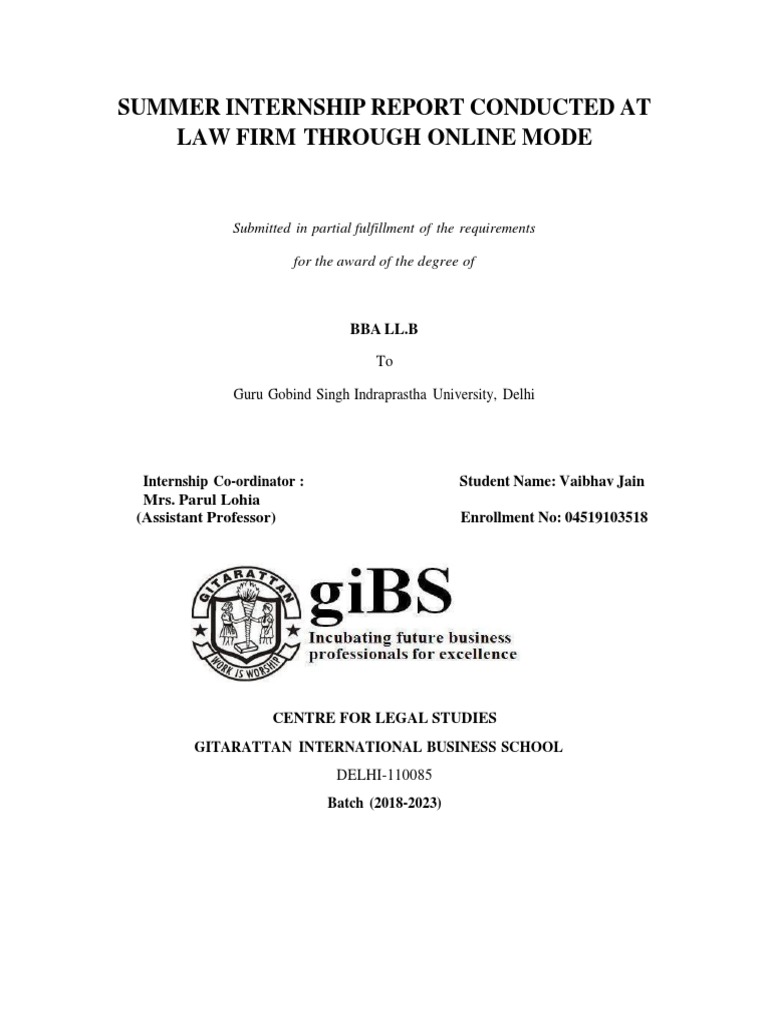 Vaibhav Jain Internship Report Final Draft | PDF | Mediation | Legal Aid Vaibhav Jain Internship Report Final Draft | PDF | Mediation | Legal Aid