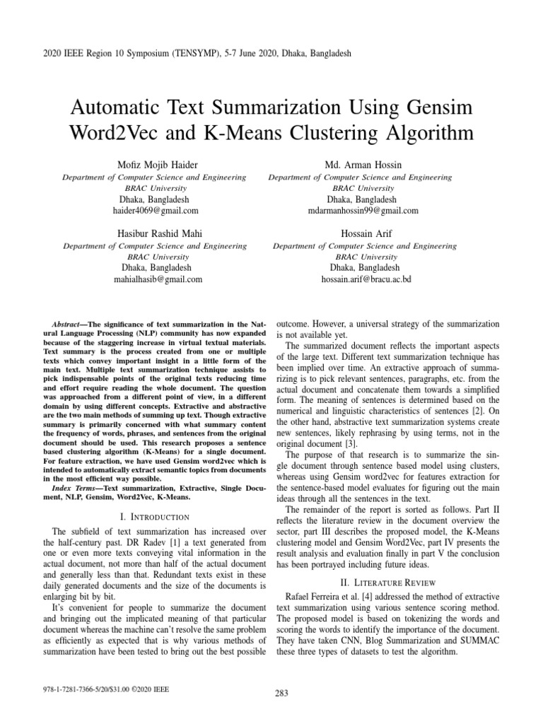Automatic Text Summarization Using Gensim Word2vec And K Means Clustering Algorithm Pdf