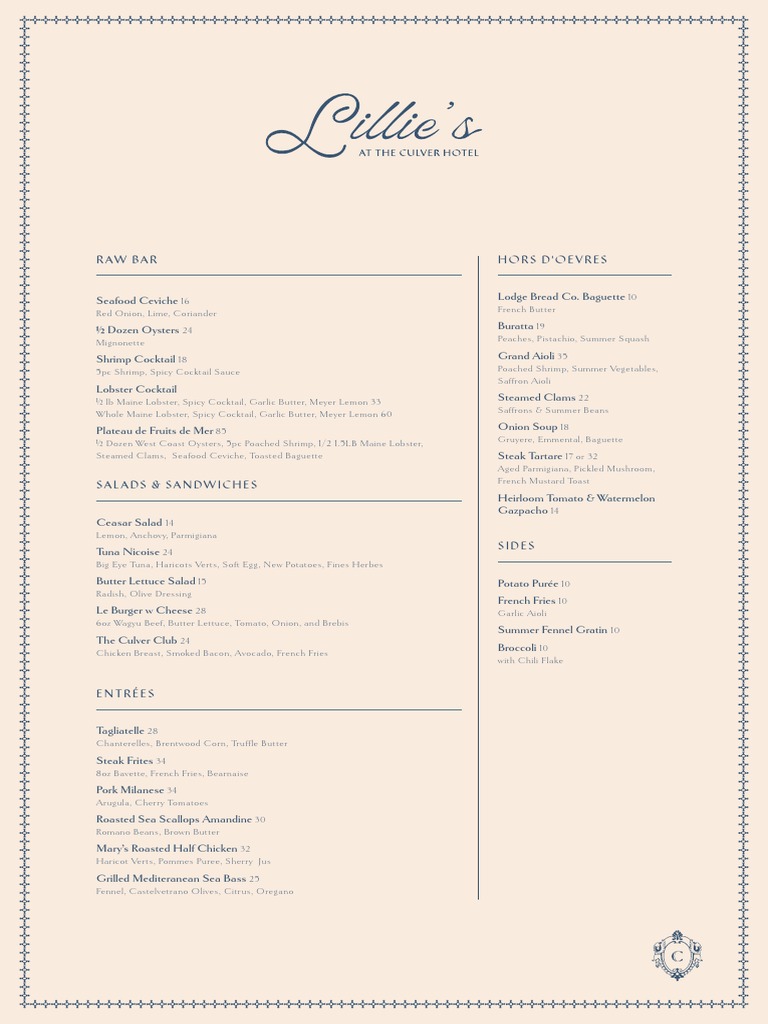 Menu - Lillie's at The Culver Hotel | PDF | Salad | French Fries