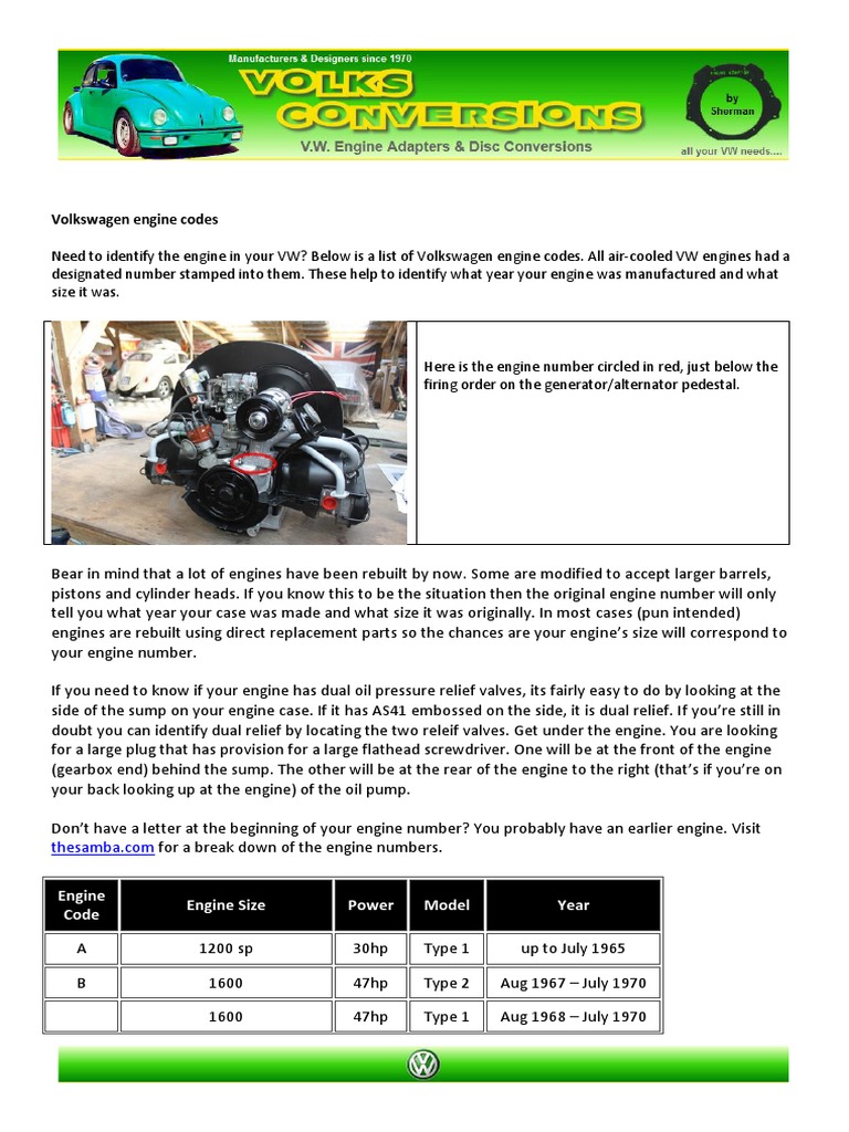 Volkswagen Engine Codes: Engine Code Engine Size Power Model Year | PDF ...