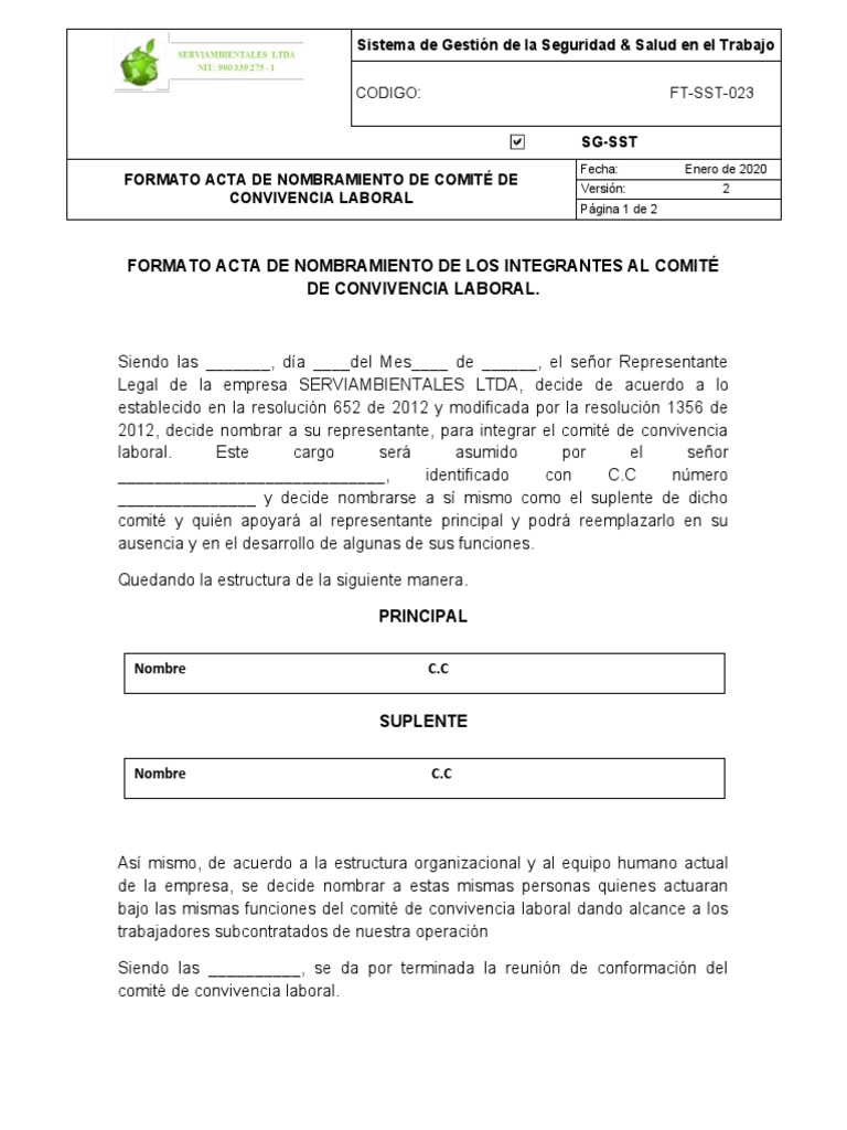 7 FT SST 023 Formato Acta de Nombramiento de Comité de Convivencia Laboral | PDF | Gobierno