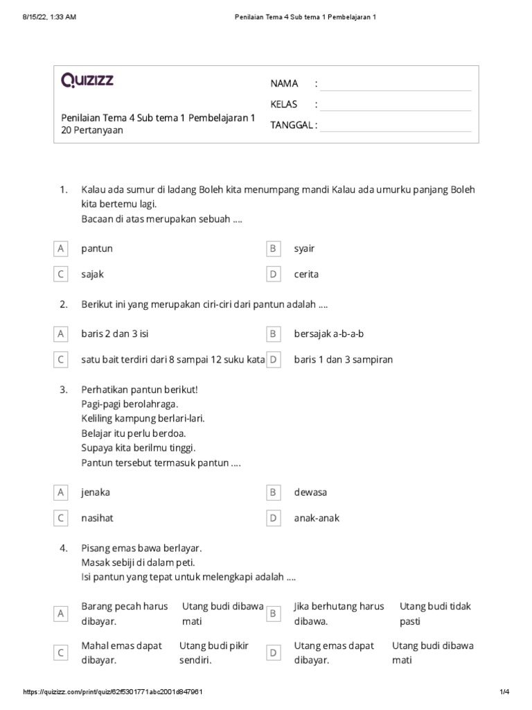 Penilaian Tema 4 Sub Tema 1 Pembelajaran 1 | PDF