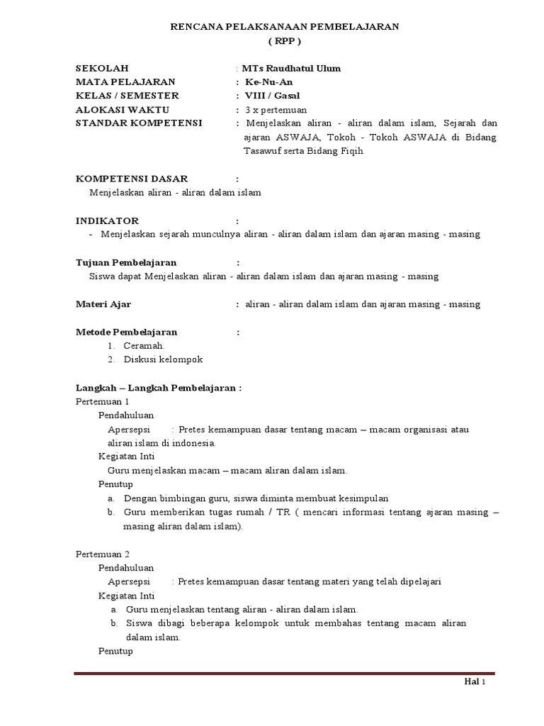 RPP Aswaja Ke NU An Kelas 8 Semester 1 Dan Semester 2 Kurikulum 2013 SMP MTs # Anaksmp-Mts | PDF