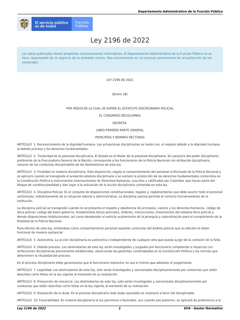 Ley - 2196 - de - 2022 ESTATUTO DISCIPLINARIO POLICIAL | PDF ...