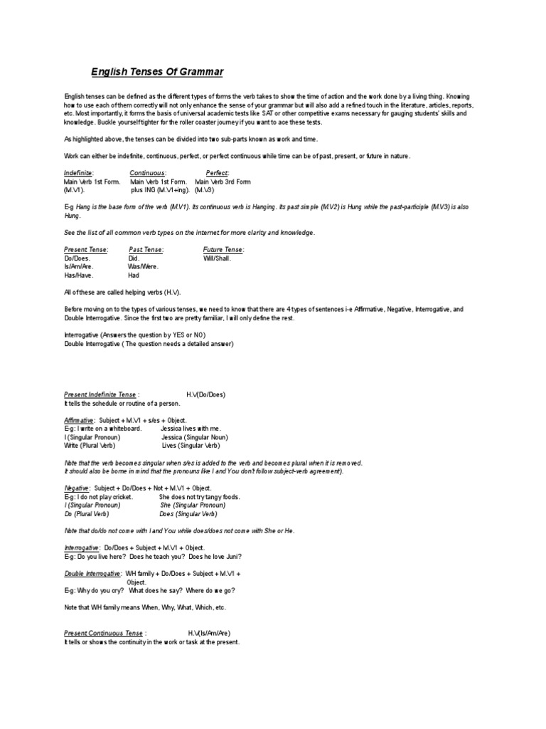 English Tenses of Grammar | PDF | Grammatical Number | Plural