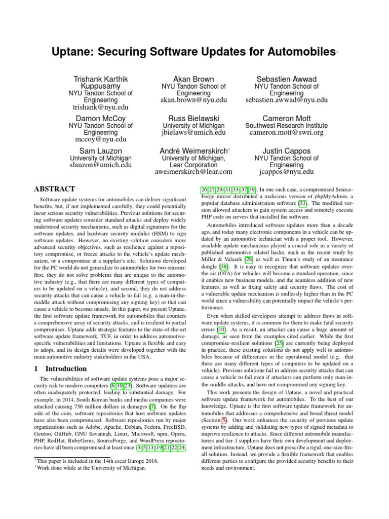 Uptane: Securing Software Updates For Automobiles | PDF | Software ...