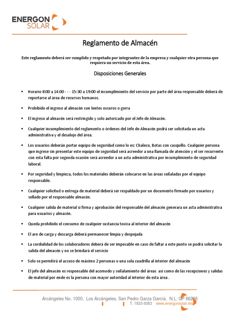 Reglamento Almacen | PDF