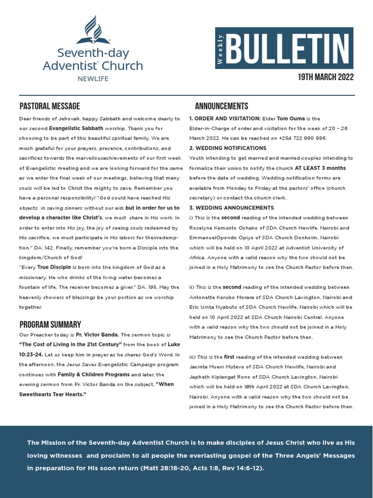 Newlife Bulletin 18-03-2022 | PDF | Seventh Day Adventist Church ...