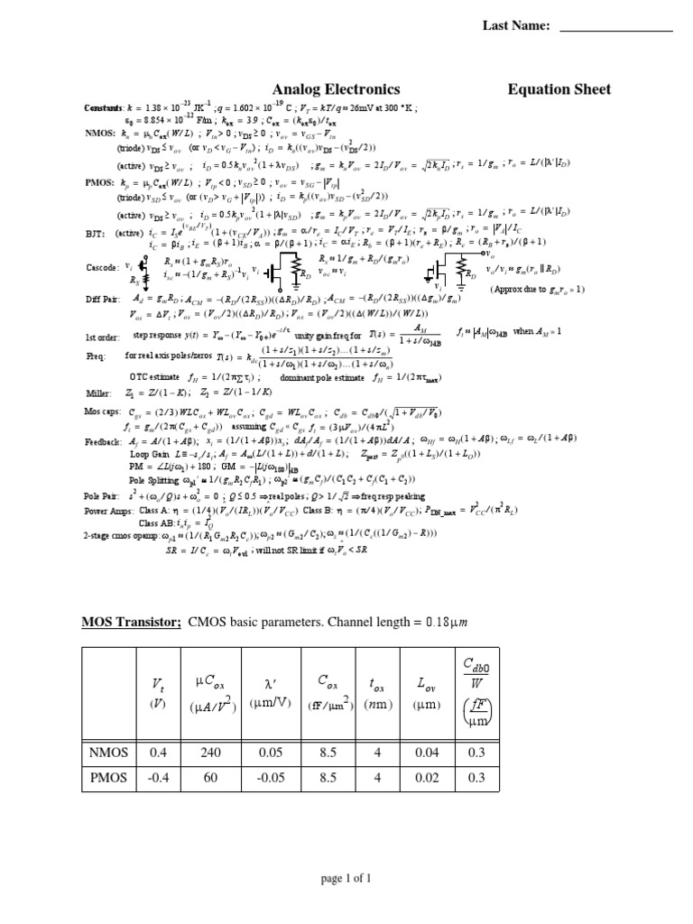 Analog Electronics Equation Sheet: Last Name | PDF | Electronic Design ...