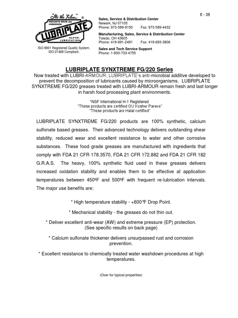 Lubriplate Synxtreme Fg/220 Series: ISO-9001 Registered Quality System ...