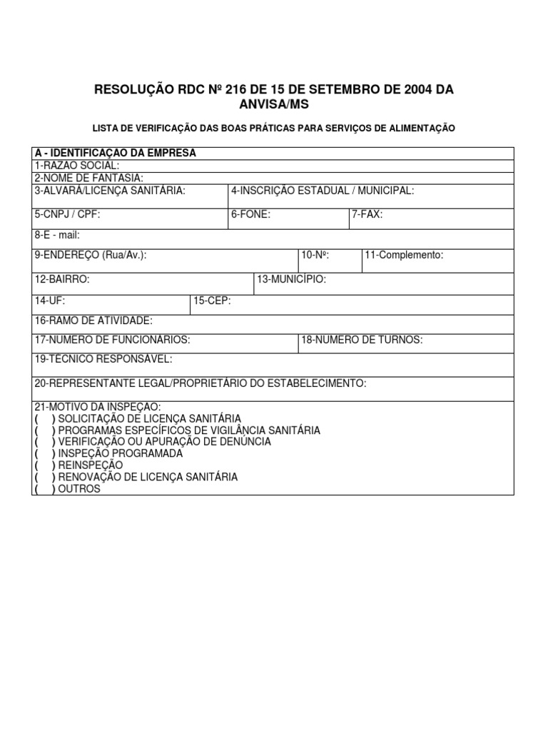 Check List RDC 216 Editado para Imprimir | PDF | Desperdício | Embalagem e rotulagem