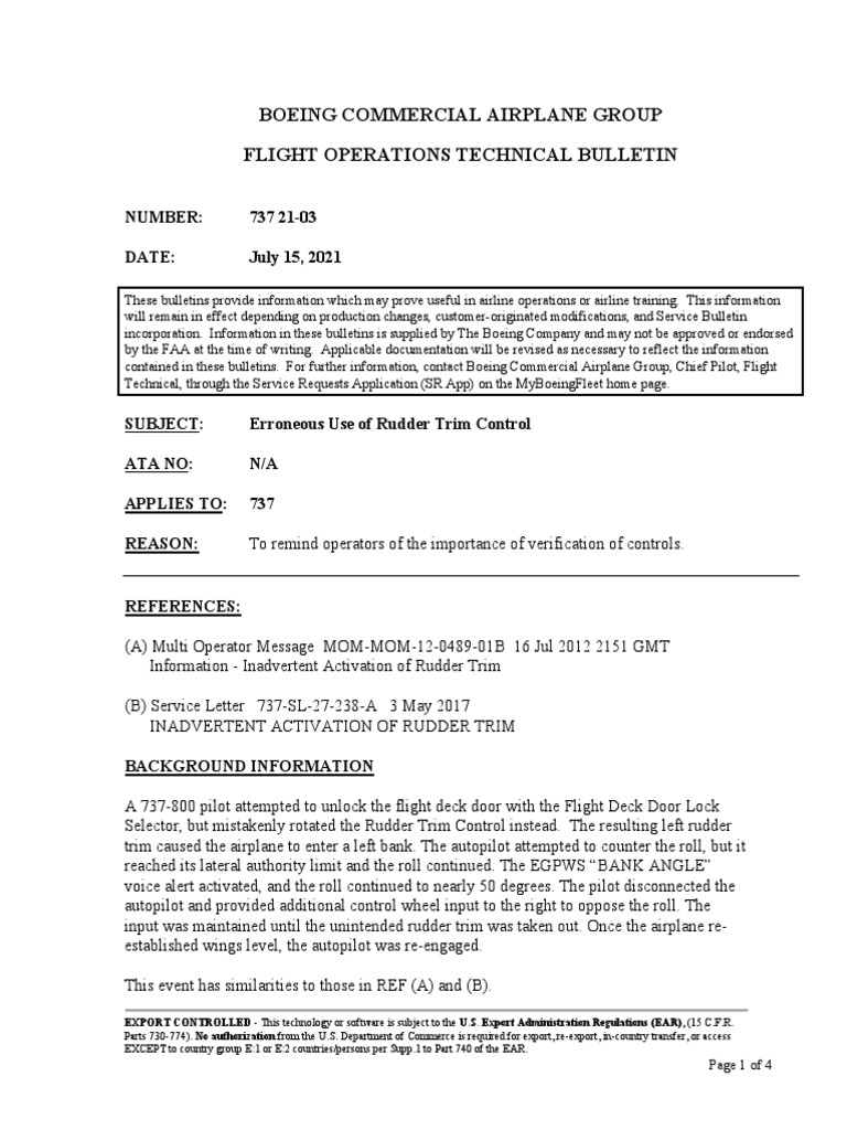 737 Rudder Trim Control Advisory | PDF | Airplane | Transport