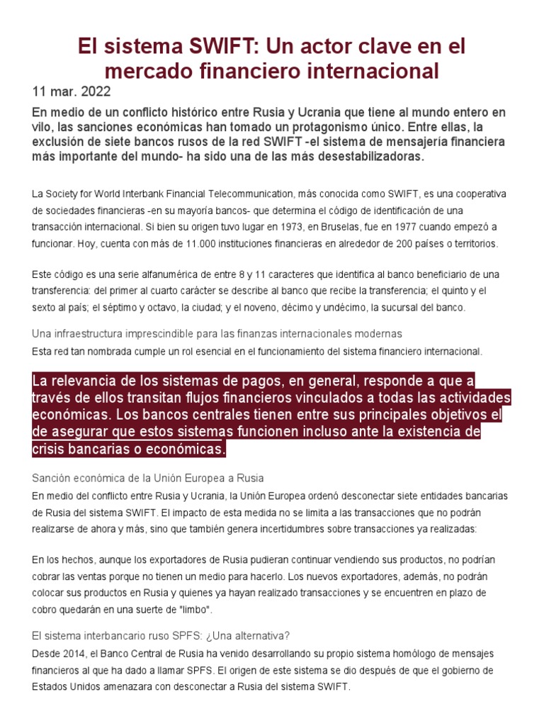 El Sistema SWIFT (Noticia) | PDF | Economias | Dinero