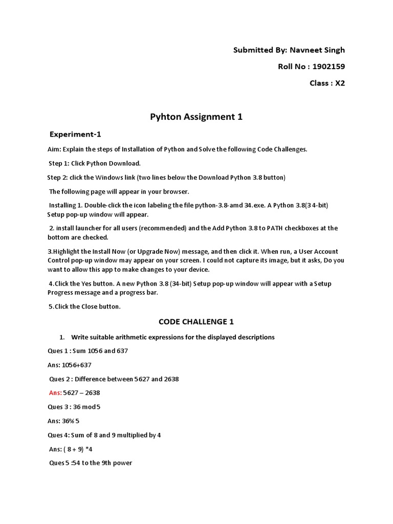 Pyhton Assignment 1: Submitted By: Navneet Singh Roll No: 1902159 Class ...