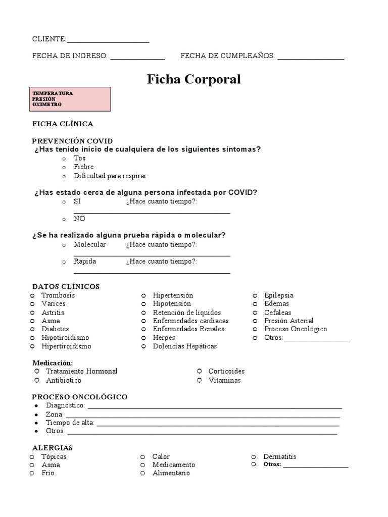 Ficha Tecnica Corporal | PDF | Medicina CLINICA | Especialidades Medicas