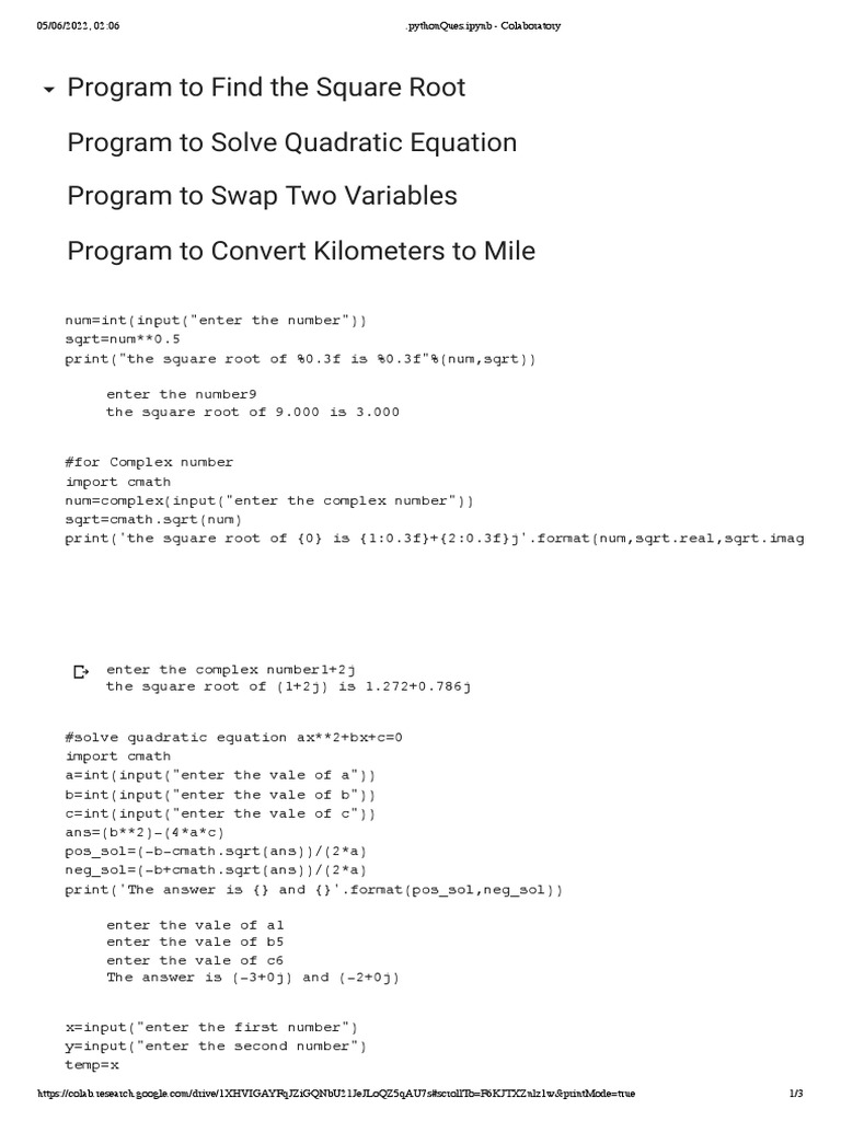 Pythonques - Ipynb - Colaboratory | PDF | Square Root | Mathematics