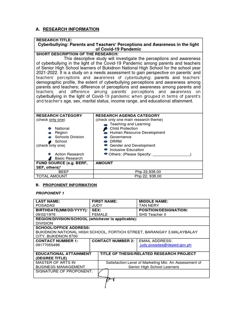 A. Research Information: Proponent 1 | PDF | Wellness