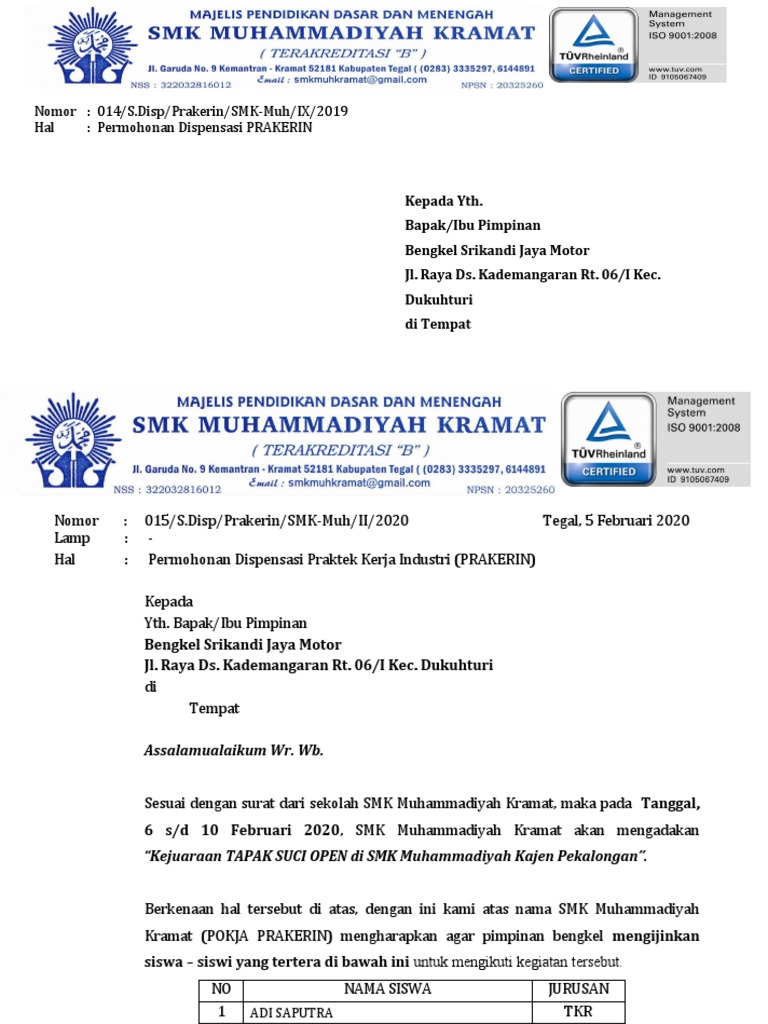 Surat Permohonan Dispensasi | PDF