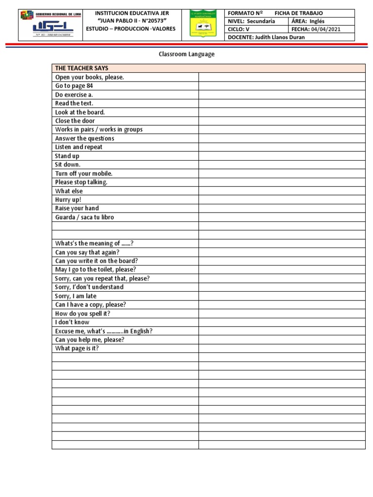 Classroom Language Worksheets | PDF | Linguistics | Human Communication