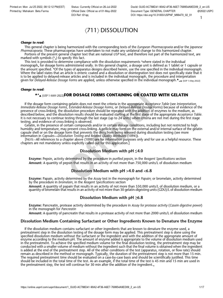 USP Chapter 711 Dissolution | PDF | Buffer Solution | Filtration