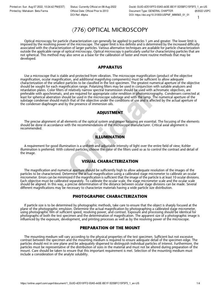USP Chapter 776 Optical Micros | PDF | Microscopy | Applied And Interdisciplinary Physics
