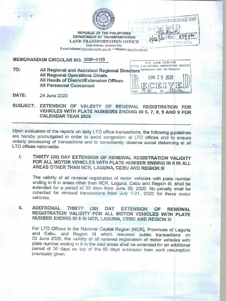 LTO Memo Circular No. 2020-2193 Re Extension of Validity of Renewal Registration For Vehicles ...