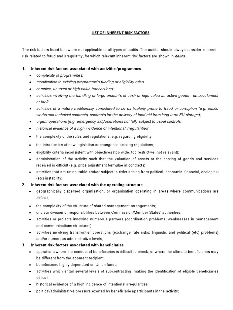 Inherent Risk Factors Associated With Activities/programmes | PDF ...