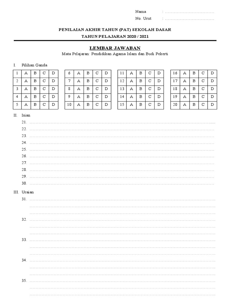 Format Lembar Jawab UAS PTS UTS | PDF