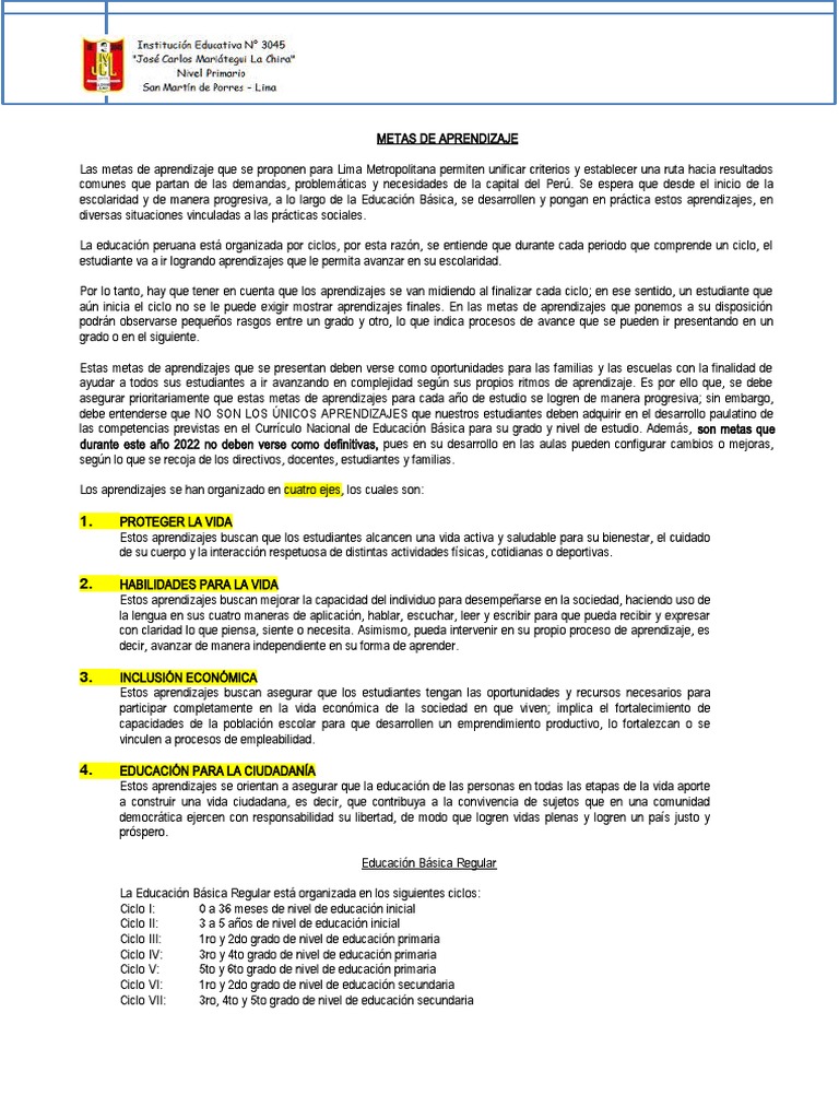 Metas de aprendizaje para el primer grado de educación primaria en Lima ...