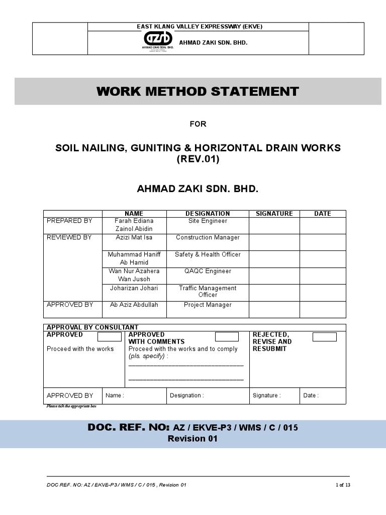 Work Method Statement: Soil Nailing, Guniting & Horizontal Drain Works (REV.01) Ahmad Zaki Sdn ...