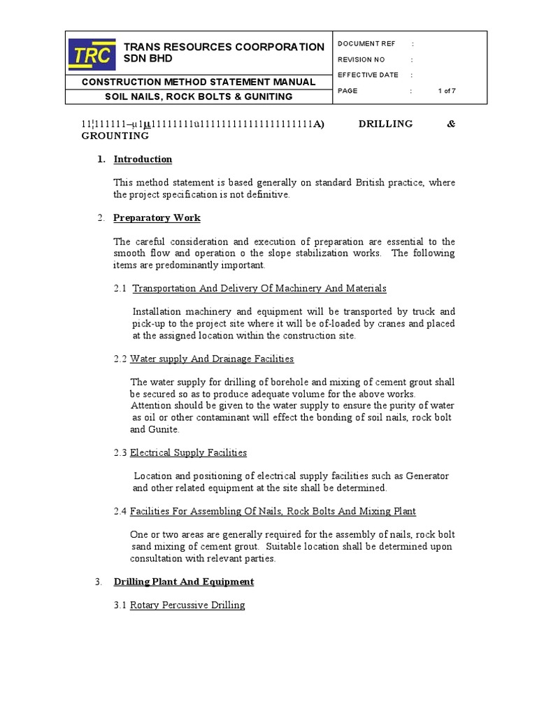 Trans Resources Coorporation SDN BHD: Construction Method Statement Manual Soil Nails, Rock ...