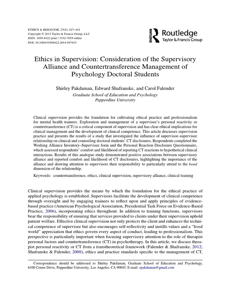 Ethics in Supervision Consideration of The Supervisory Alliance and ...
