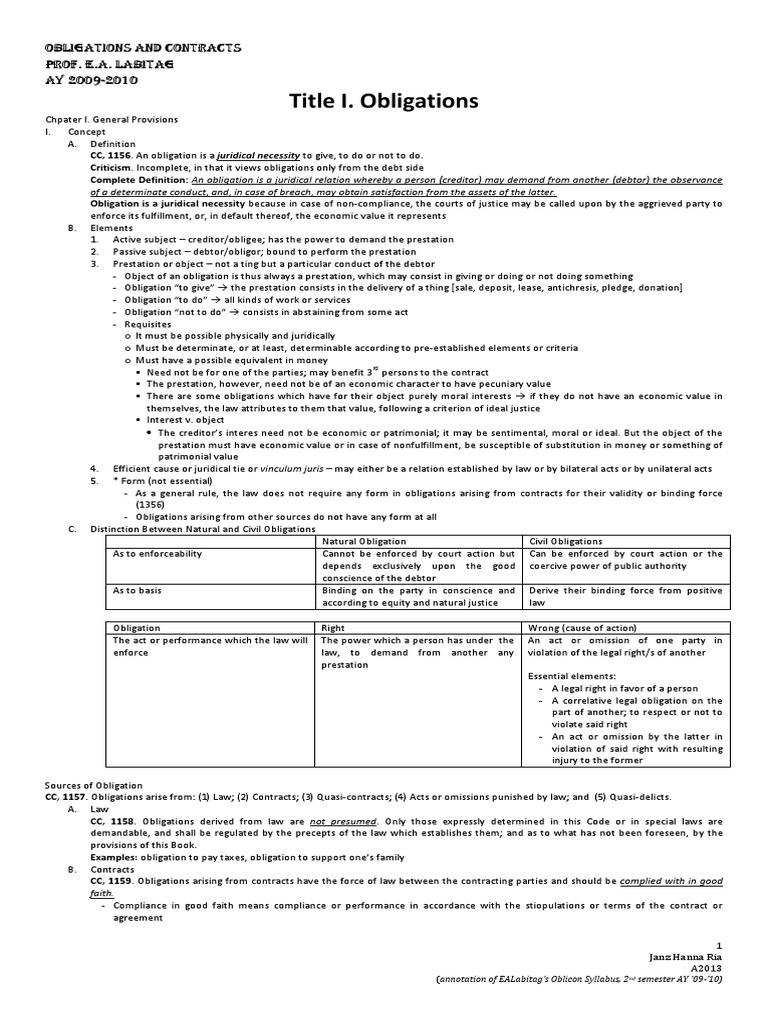 A2013 Law 101 Provisions Reviewer (Obligations and Contracts) EALabitag | PDF | Negligence | Usury