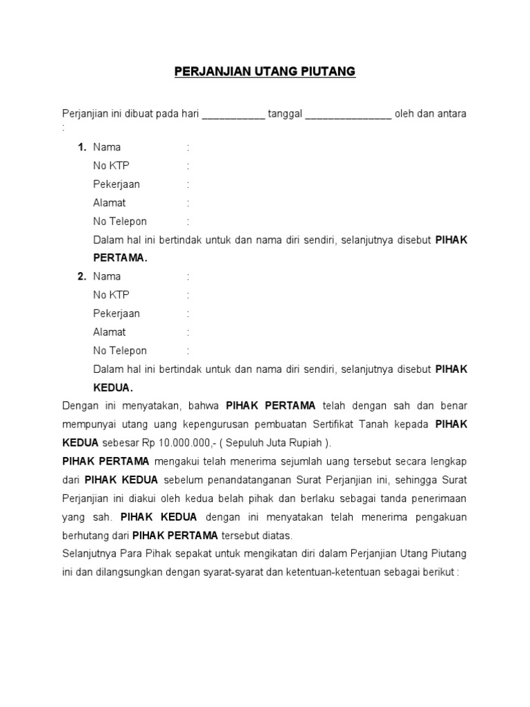 Contoh Surat Perjanjian Utang Piutang | PDF